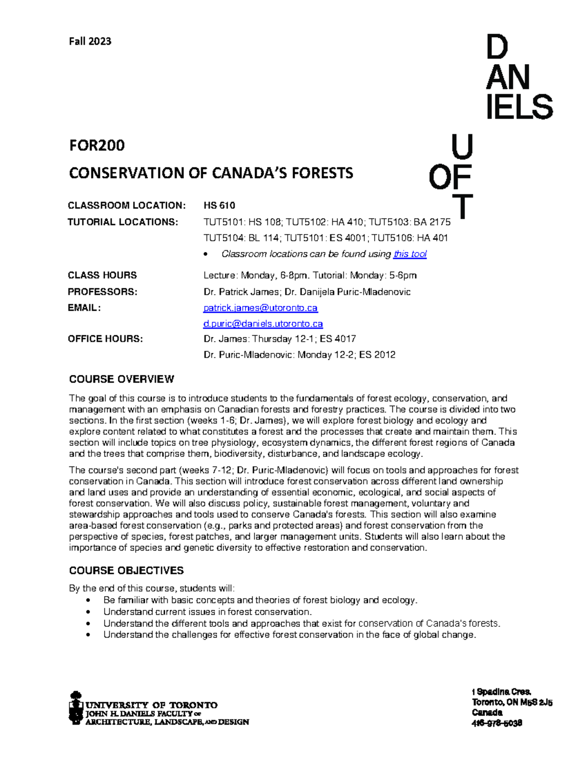 FOR200H1F Syllabus 2023 Final - Fall 2023 FOR CONSERVATION OF CANADA’S ...