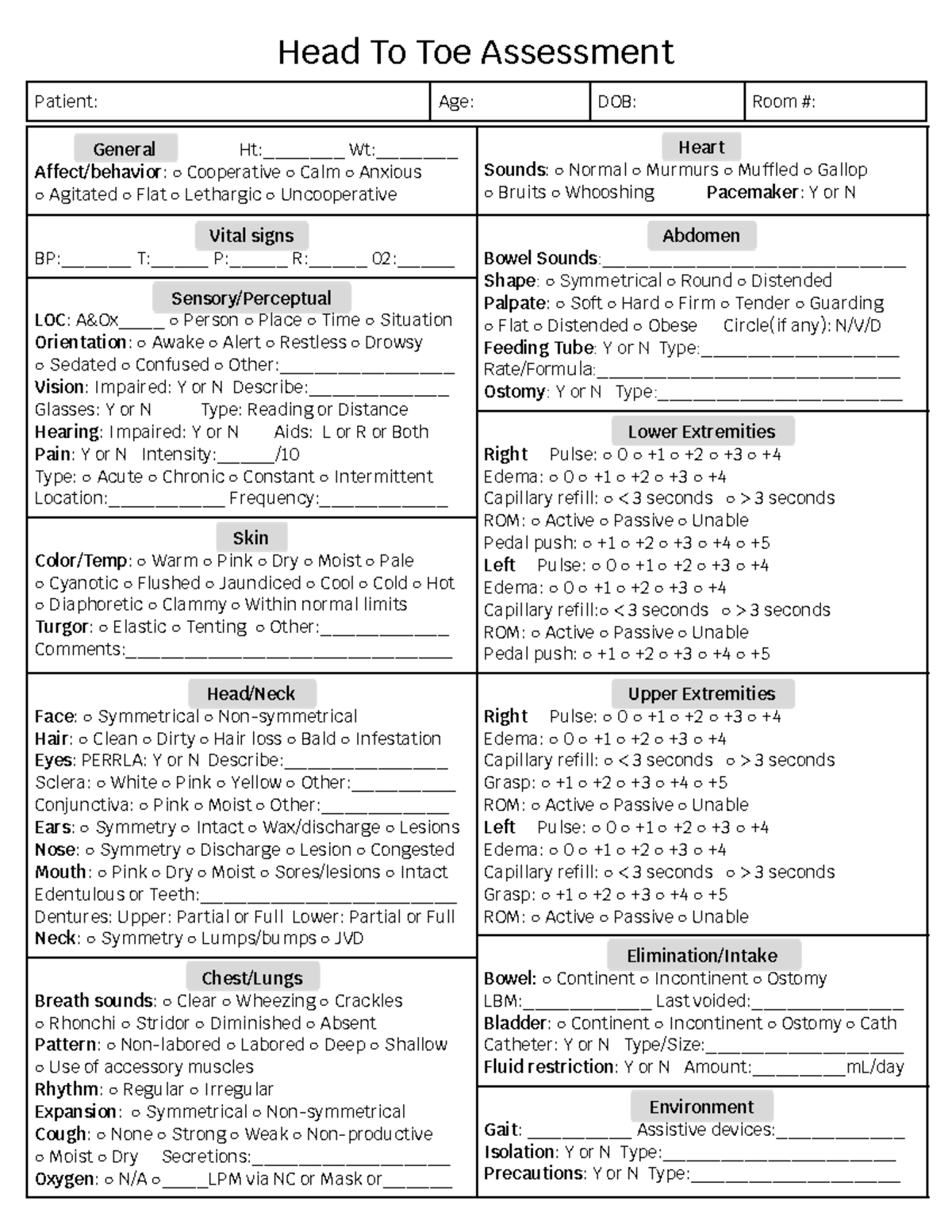 Head To Toe Assessment - clinical paper work - Head To Toe Assessment ...