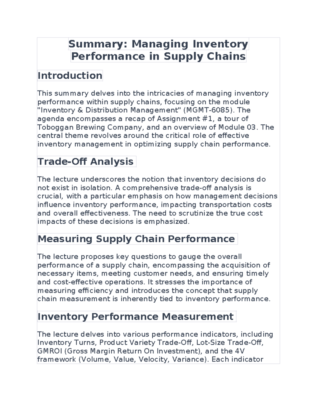 Managing Customer Needs in Inventory & Distribution - Summary: Managing ...