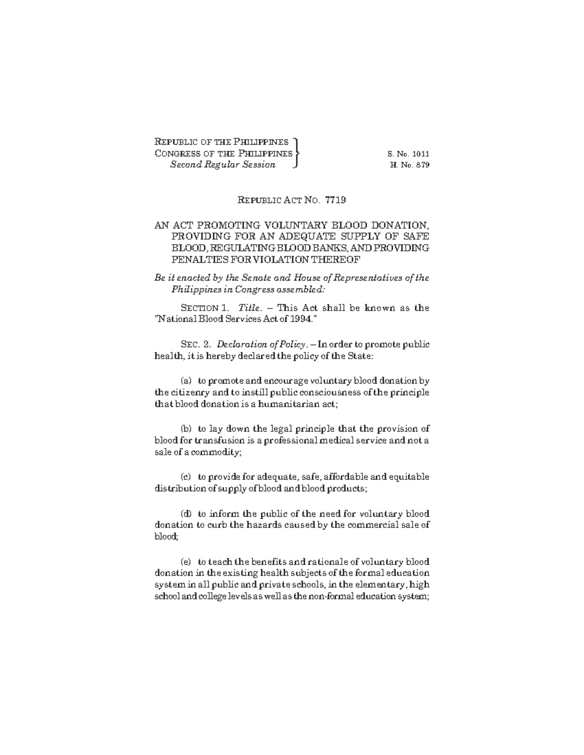 RA-7719 - REPUBLIC ACT NO. 7719 - AN ACT PROMOTING VOLUNTARY BLOOD ...