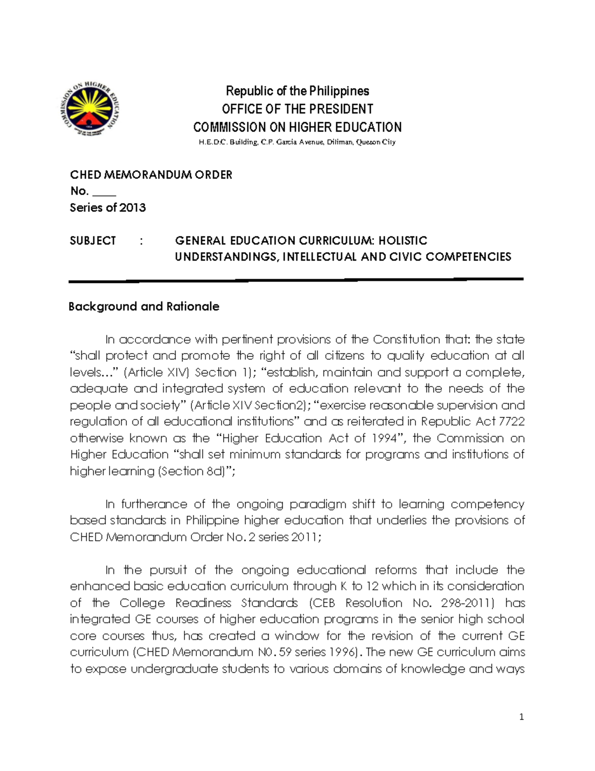 CMO on the New General Education Program 1 - Republic of the Philippines OFFICE OF THE PRESIDENT ...