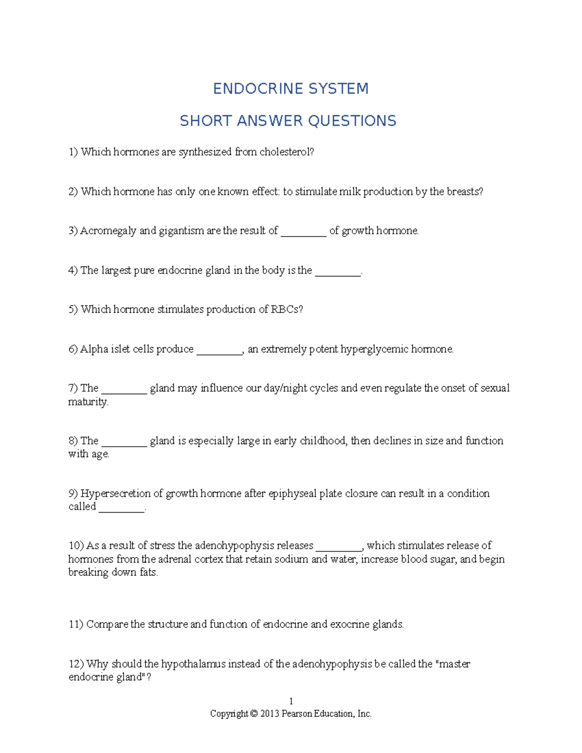 Sample/practice exam 2018, questions - ENDOCRINE SYSTEM SHORT ANSWER ...
