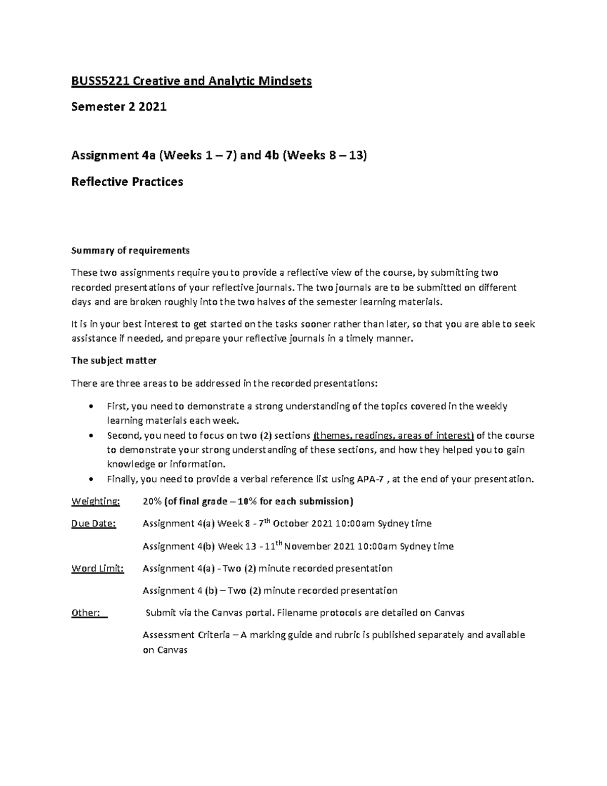 BUSS5221 - 2021S2 - Assignment 4a and b Task Brief V1 - BUSS5221 ...