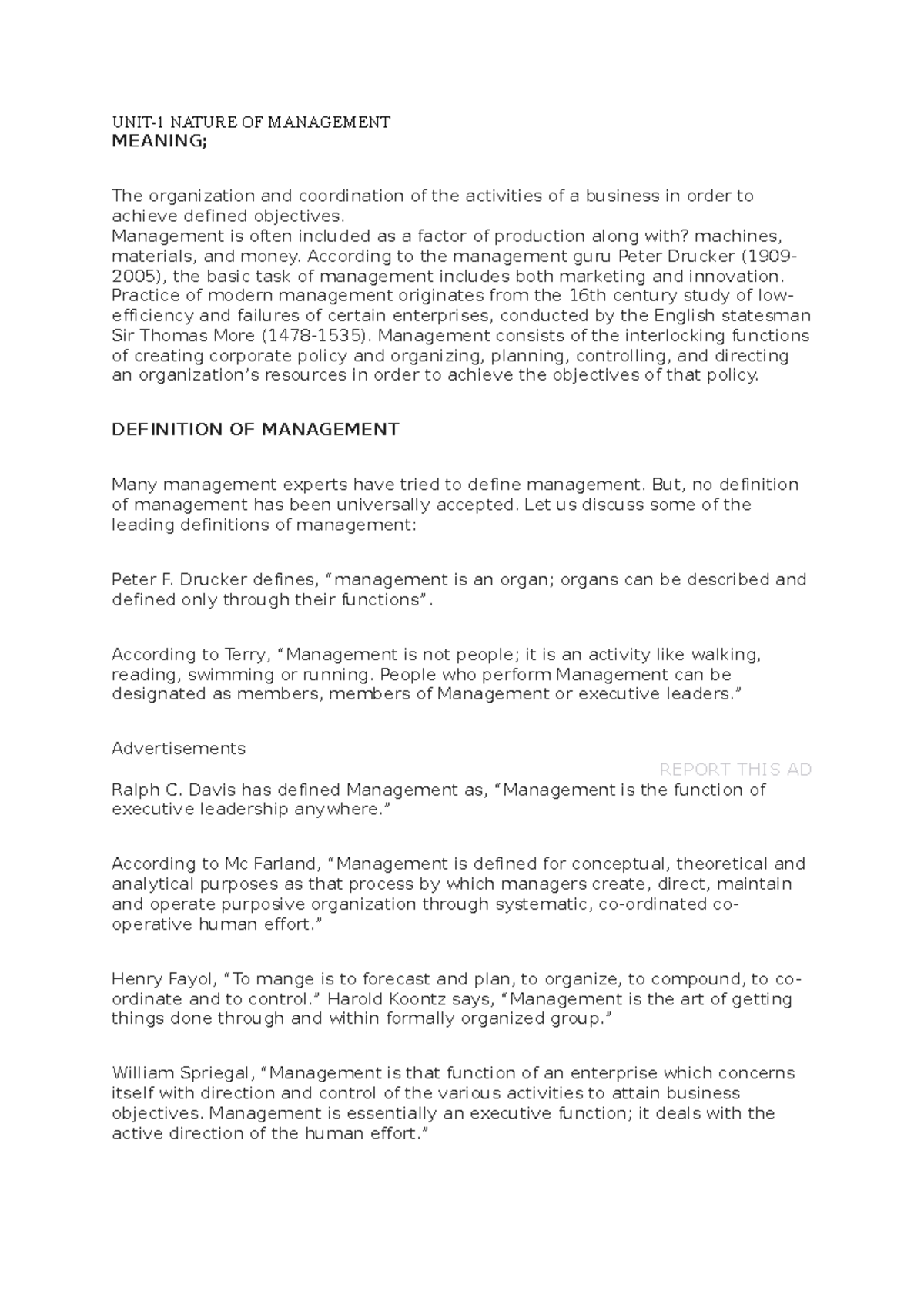 UNIT 1 notes POM - UNIT-1 NATURE OF MANAGEMENT MEANING; The ...