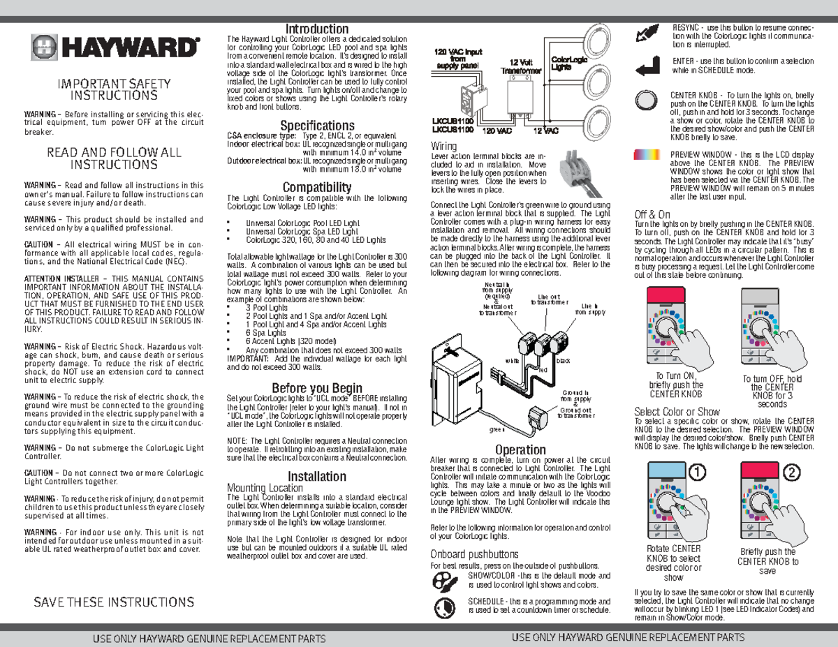 Colorlogic-light-controller - USE ONLY HAYWARD GENUINE REPLACEMENT ...