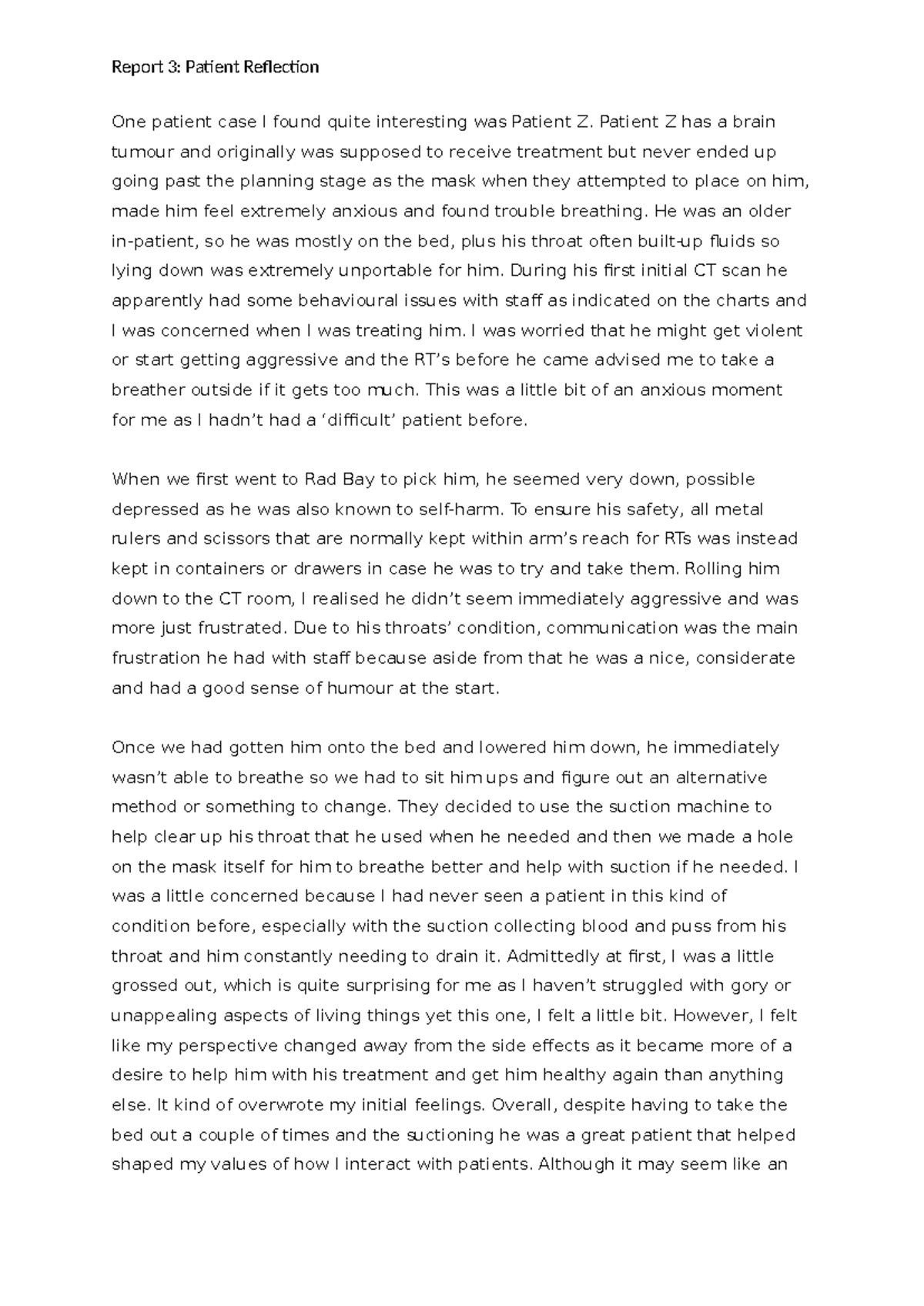 Report 3 - Patient Reflection - Report 3: Patient Reflection One ...