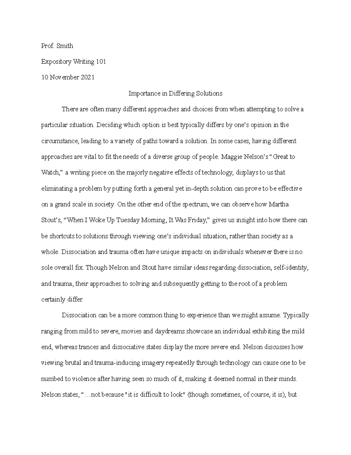Expository Writing Essay 3 Nelson Stout Final Draft - Prof. Smith ...
