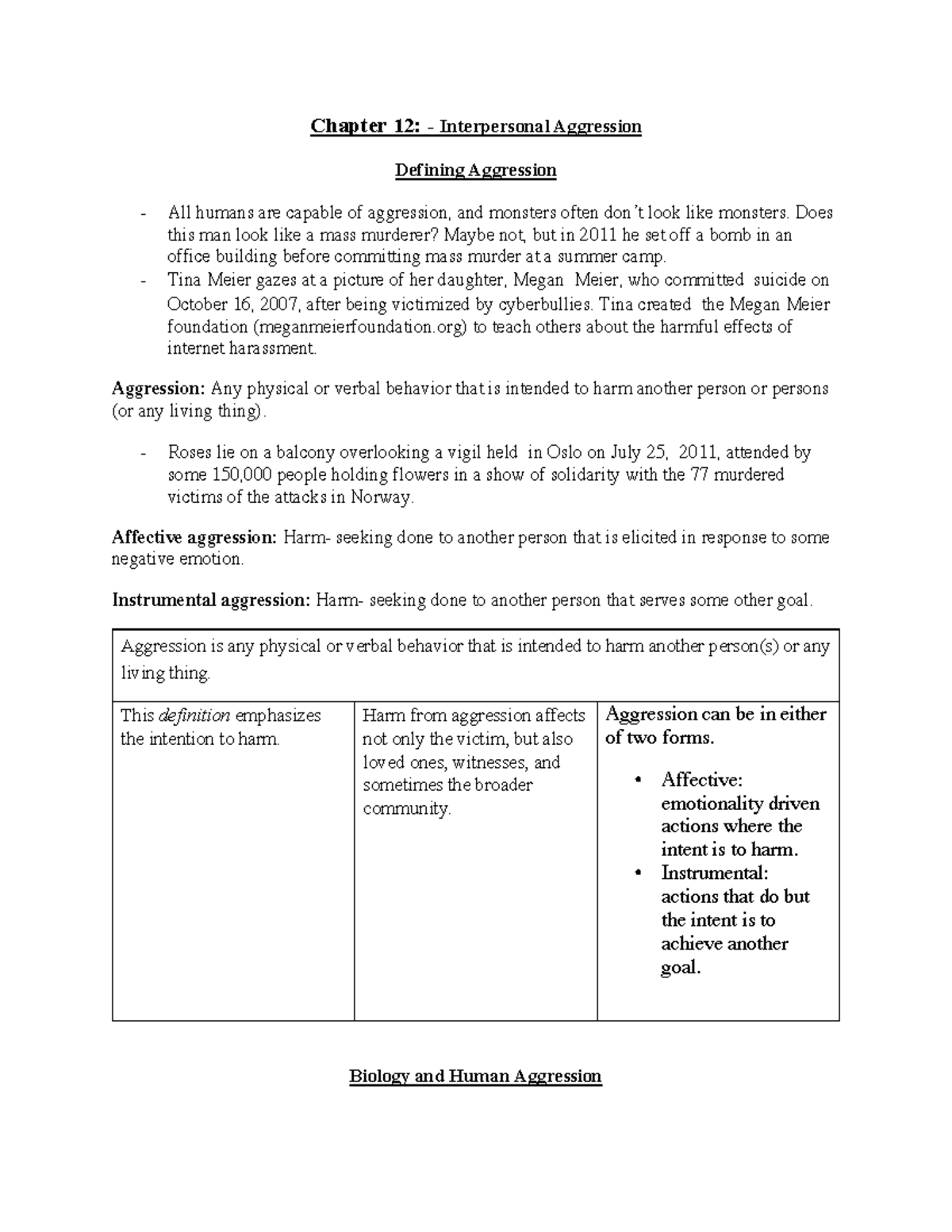 Chapter 12 notes - Chapter 12: Interpersonal Aggression Defining ...