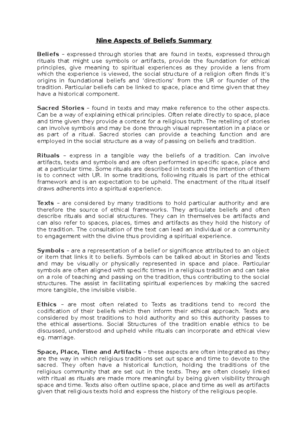 Nine Aspects of Beliefs Summary - Nine Aspects of Beliefs Summary ...