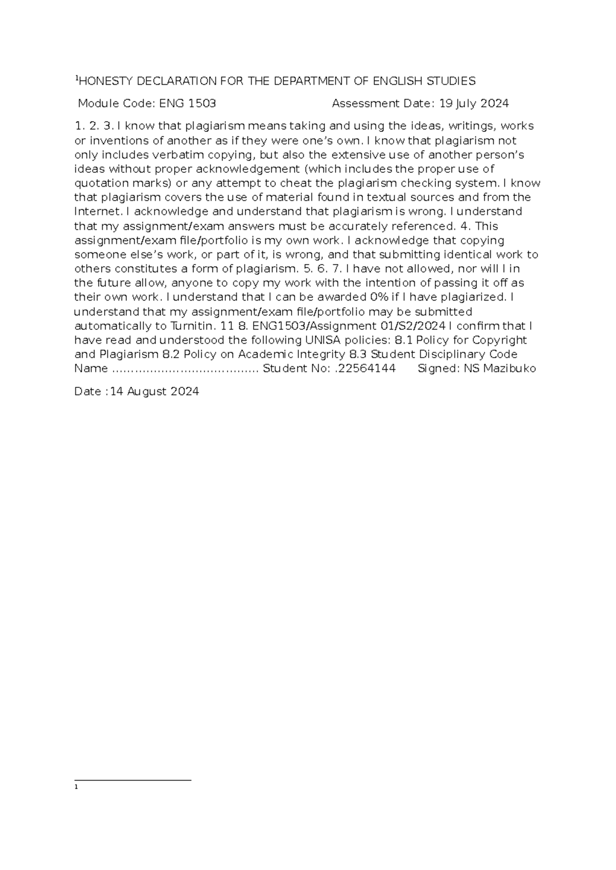 Honesty Declaration FOR THE Department OF English Studies - 1 HONESTY ...