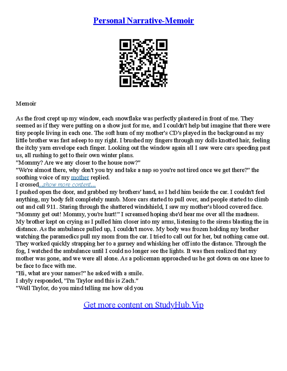 Personal Memoir Essay - Personal Narrative-Memoir Memoir As the frost ...