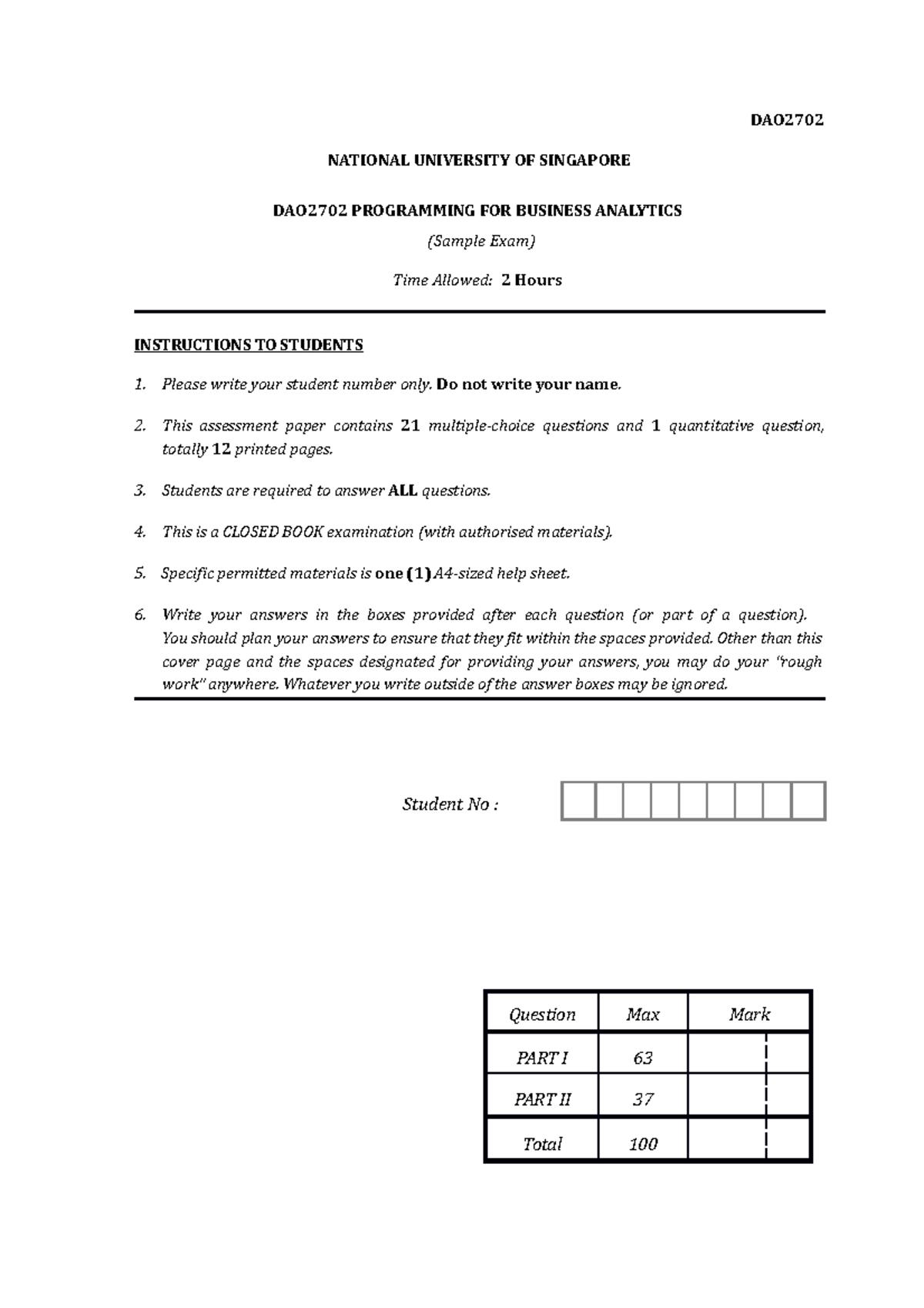 DAO2702 Sample Exam - NATIONAL UNIVERSITY OF SINGAPORE DAO2702 PROGRAMMING FOR BUSINESS ...