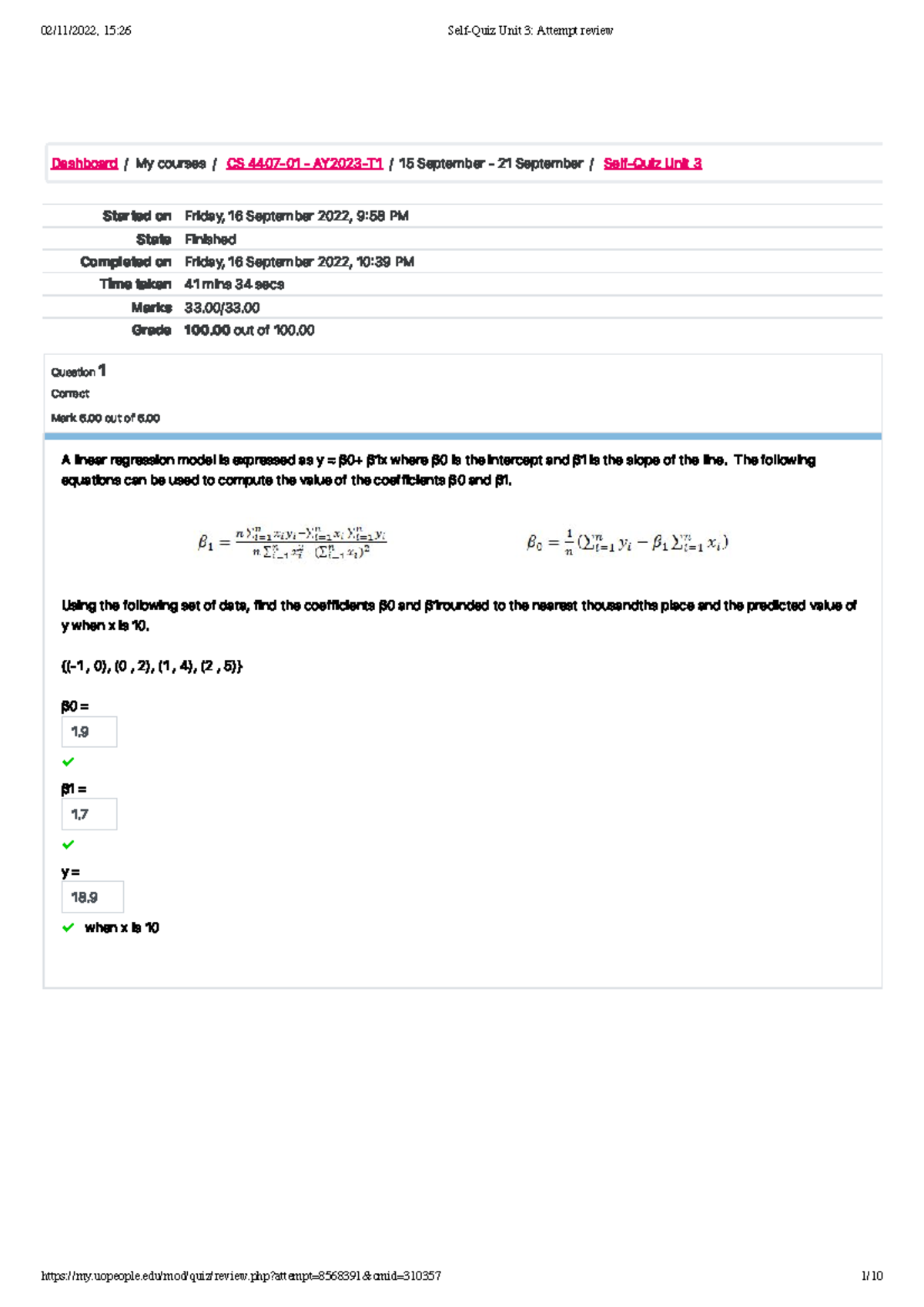 Self-Quiz Unit 3 CS4407 - Started on Friday, 16 September 2022 , 9 58 PM State Finished ...