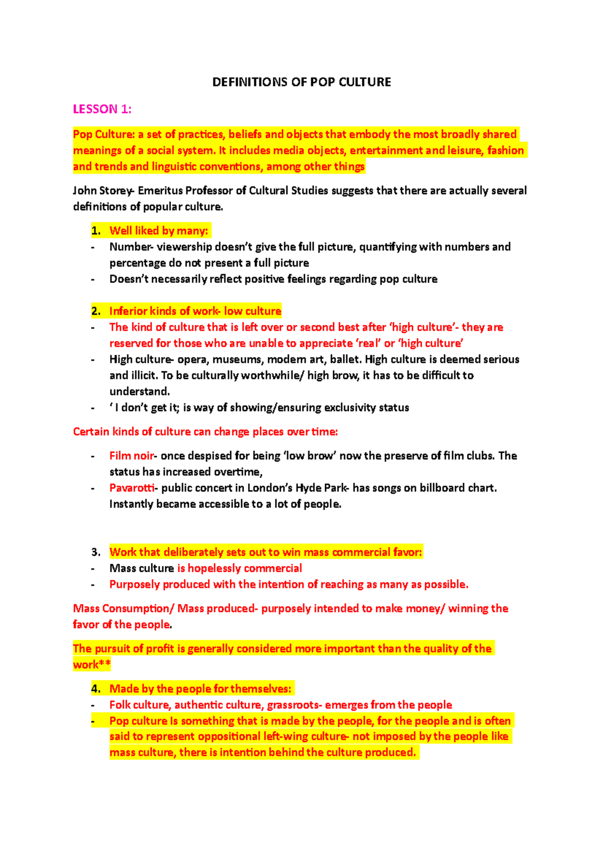 Midterm full notes - DEFINITIONS OF POP CULTURE LESSON 1: Pop Culture ...
