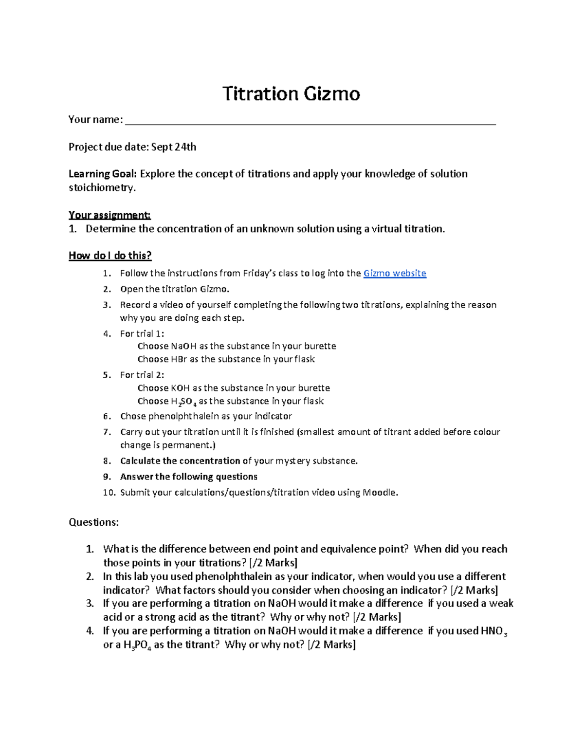 Titration Lab g - Titration Gizmo Your name: - Studocu