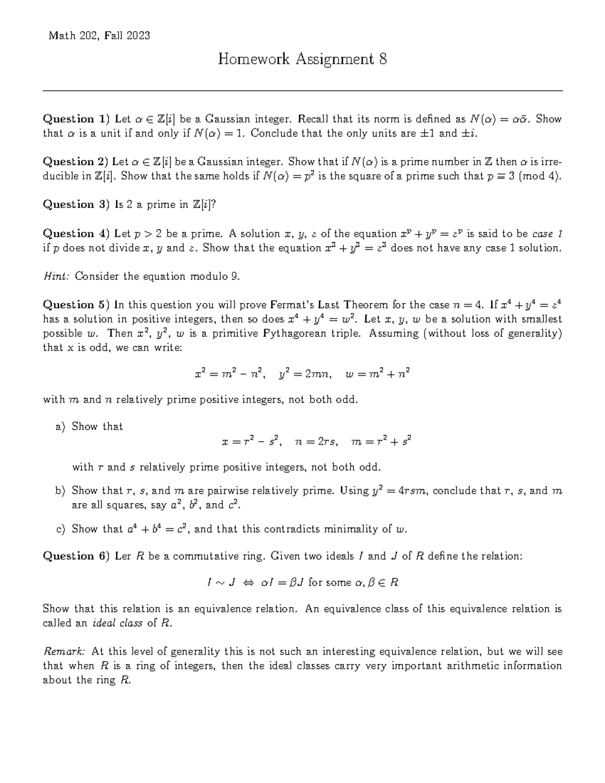 HW8 Math202 - Advanced algebra proofs - Math 202, Fall 2023 Homework Assignment 8 Question 1 ...