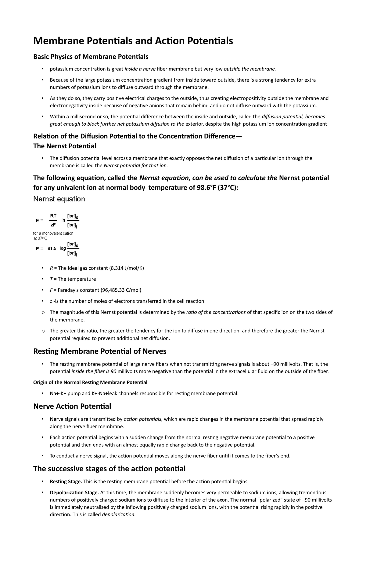 Membrane Potentials and Action Potentials - • Because of the large ...