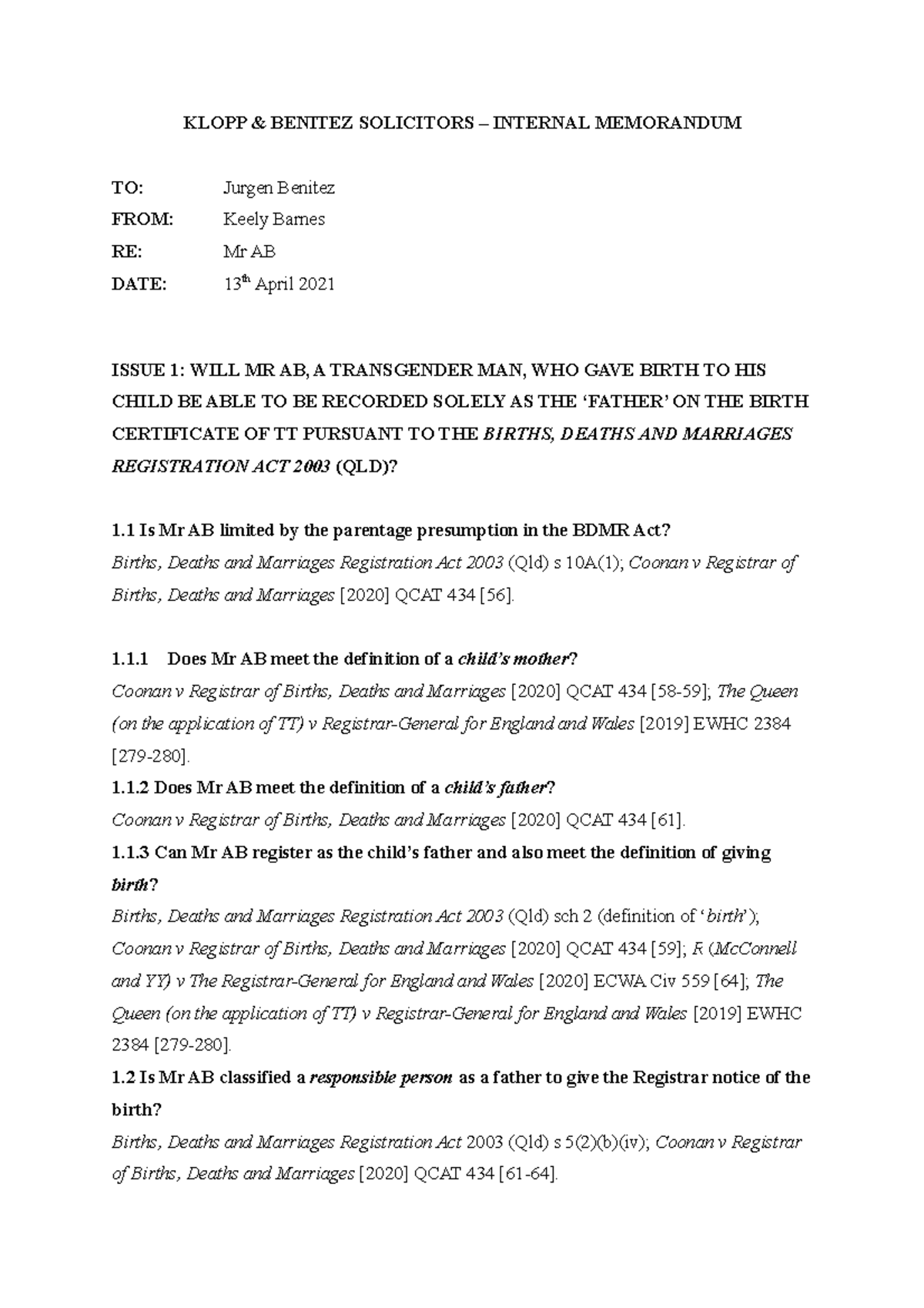 LLH201 - Legal Research Task 1 - KLOPP & BENITEZ SOLICITORS – INTERNAL ...