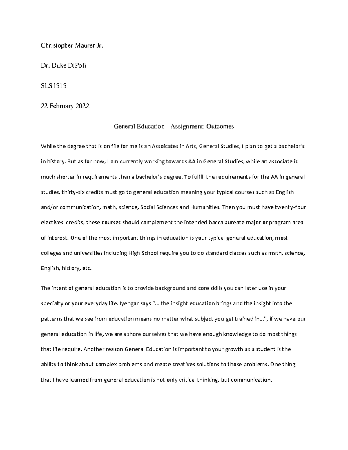 (SLS1515) General Education - Assignment Outcomes - Christopher Maurer ...