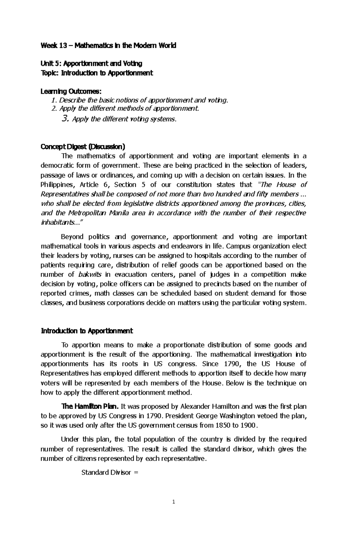 Introduction to Apportionment - Week 13 – Mathematics in the Modern ...