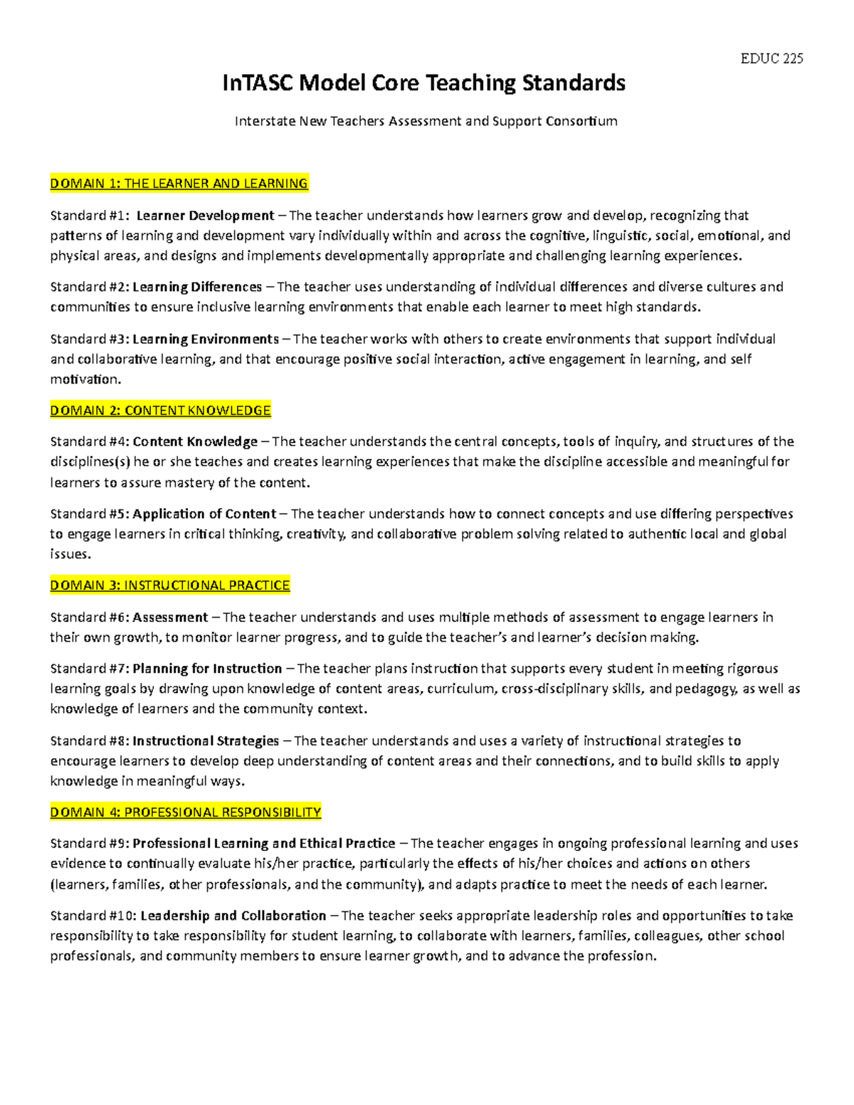 In TASC Model Core Teaching Standards - EDUC 225 InTASC Model Core ...