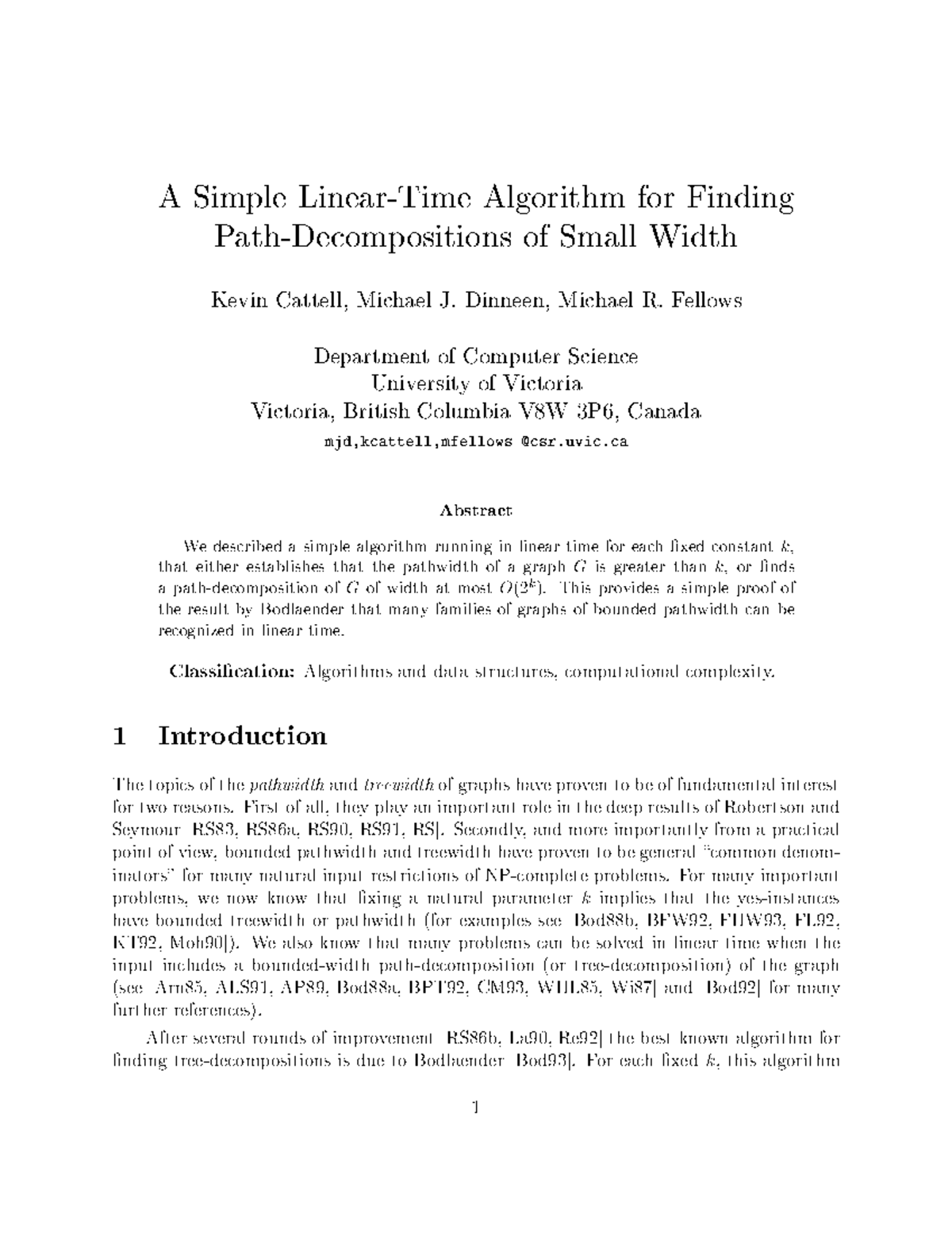 9410211 Cours A Simple Linear Time Algorithm For Finding Path Decomp Ositions Of Small Width