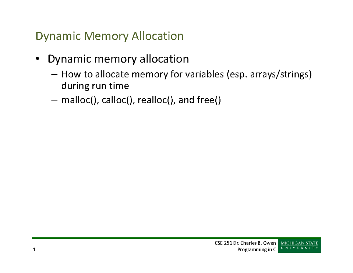 Malloc - Hjj - Dynamic Memory Allocation Dynamic memory allocation How to allocate memory for ...
