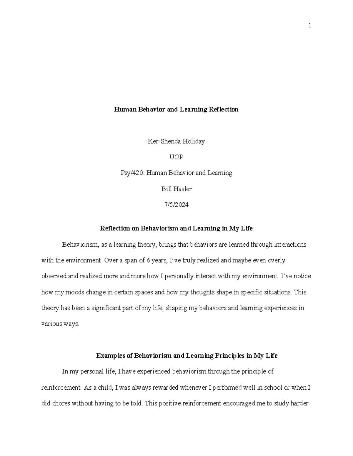 Human Behavior and Learning Reflection - 1 Human Behavior and Learning ...