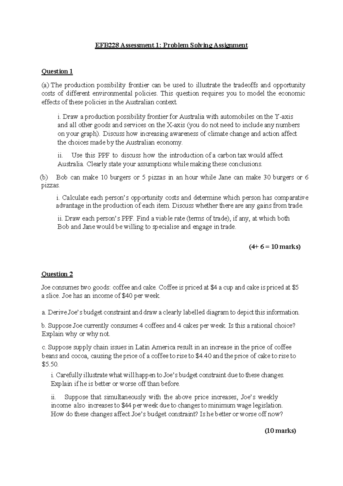 Assessment 1 2024 1 - EFB228 Assessment 1: Problem Solving Assignment Question 1 (a) The ...