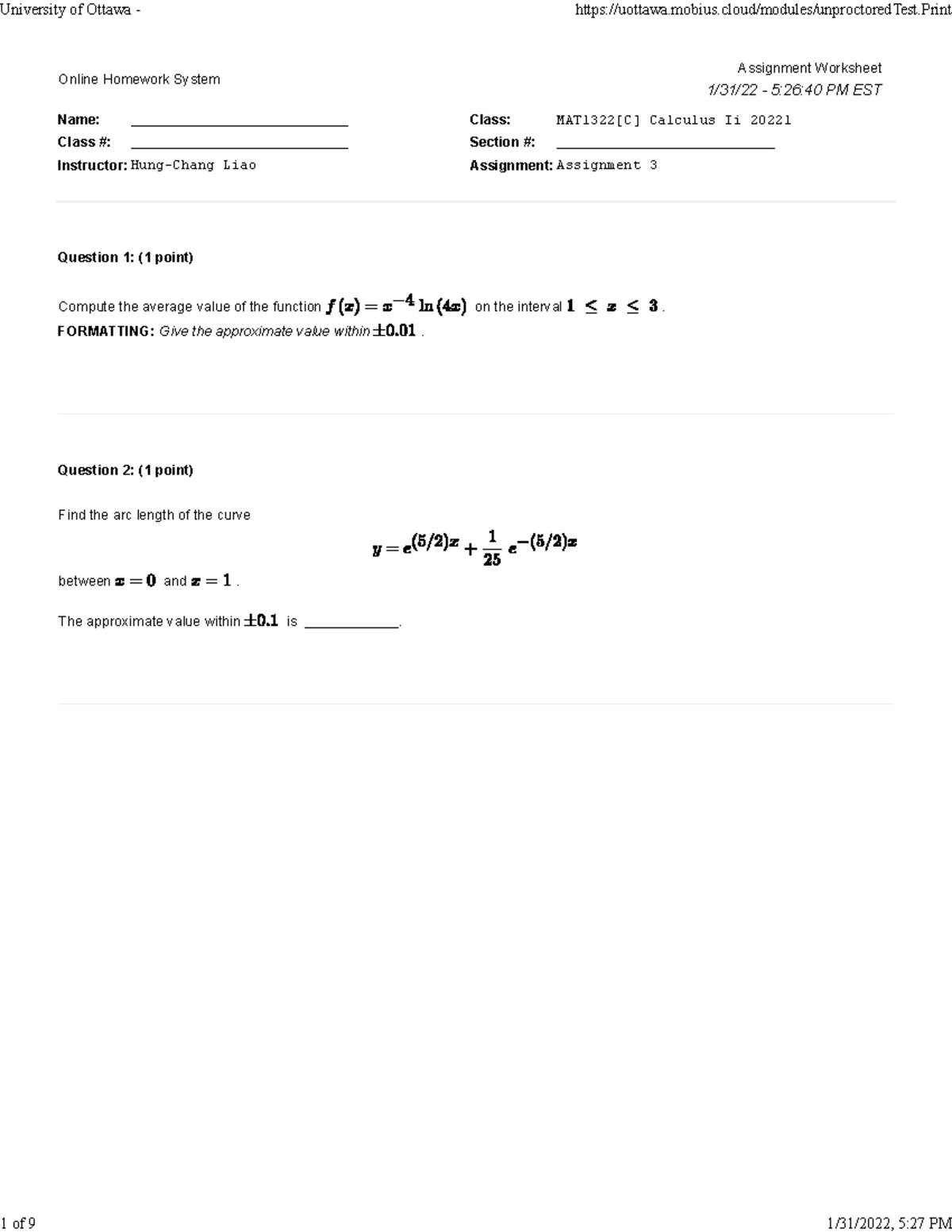 Assignment 3 MAT1322 Chapter 8.3 to 9.3 - Online Homework System 1/31 ...