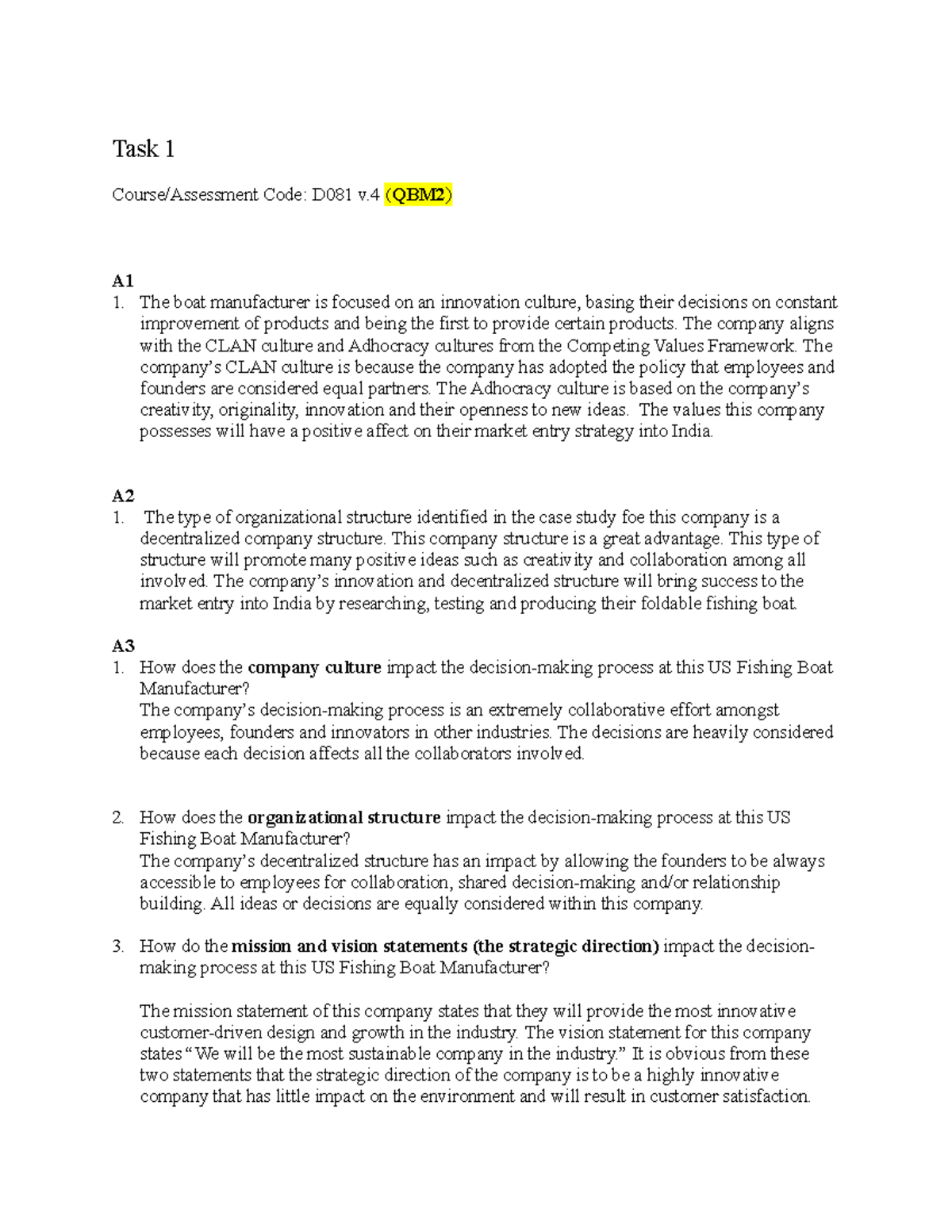 D081-QBM2-Task 1 Template - Task 1 Course/Assessment Code: D081 v (QBM2 ...