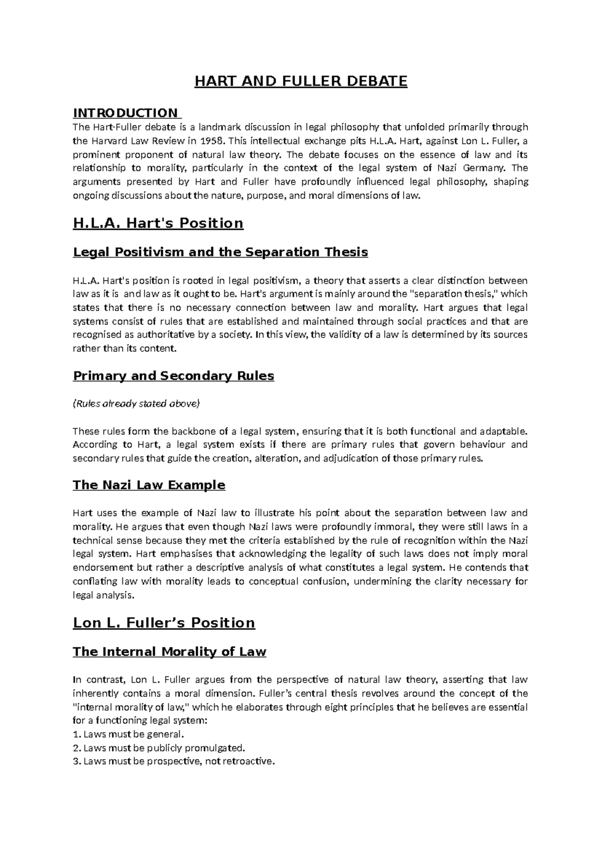 Debate - Summary web development - HART AND FULLER DEBATE INTRODUCTION ...