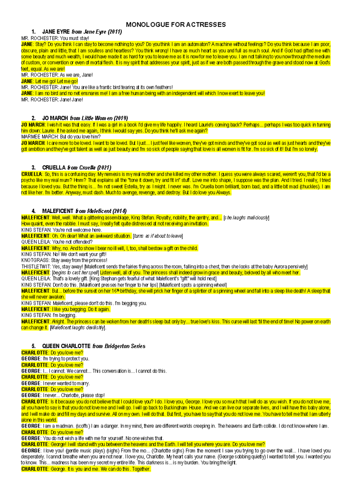 Monologue Script FOR Girls - MONOLOGUE FOR ACTRESSES 1. JANE EYRE from ...