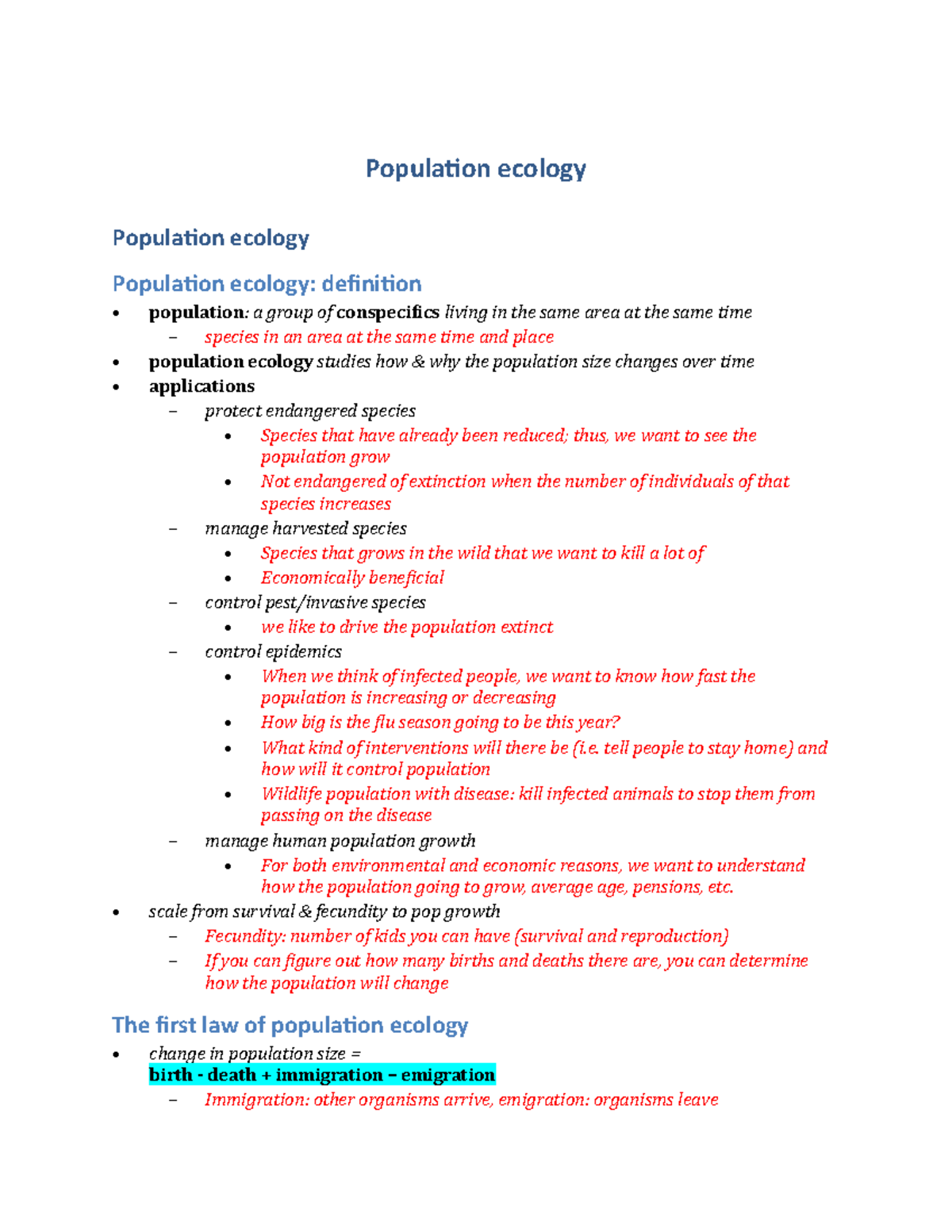 Pop eco - Lecture notes ecology - Population ecology Population ecology ...