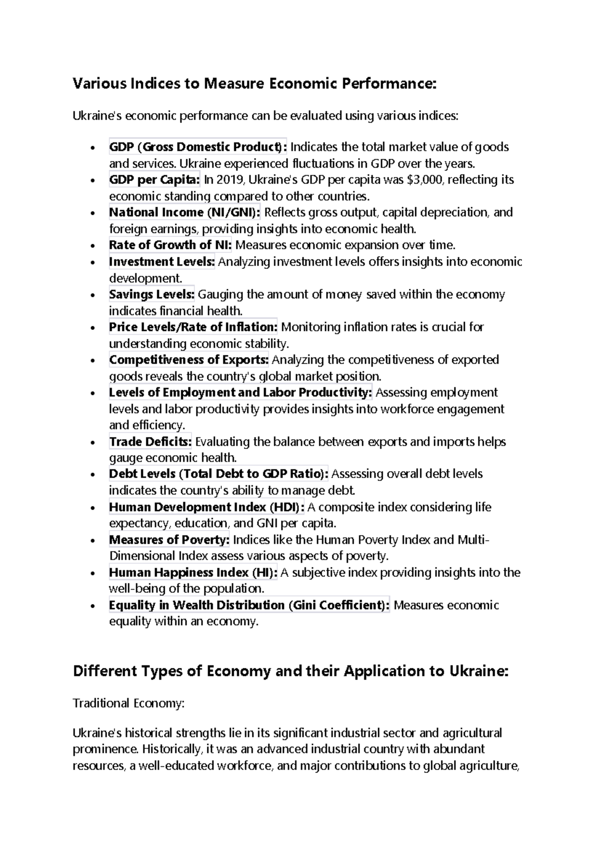 Test 1 ECON 2510 - Various Indices to Measure Economic Performance ...
