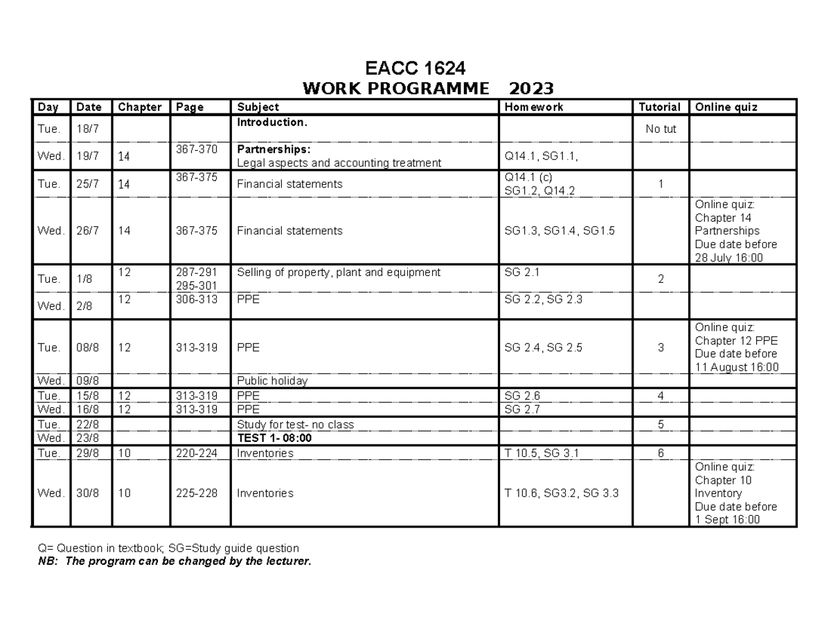 Work program EACC1624 2023(1) - EACC 1624 WORK PROGRAMME 2023 Day Date ...