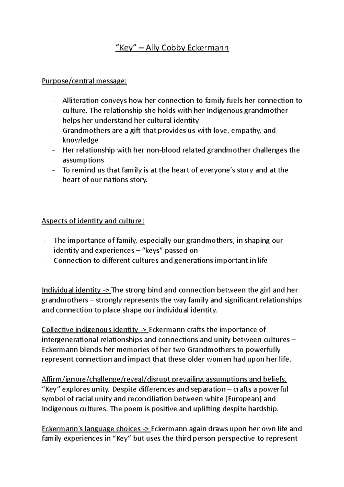 Key - poem analysis - “Key” – Ally Cobby Eckermann Purpose/central message: Alliteration conveys ...