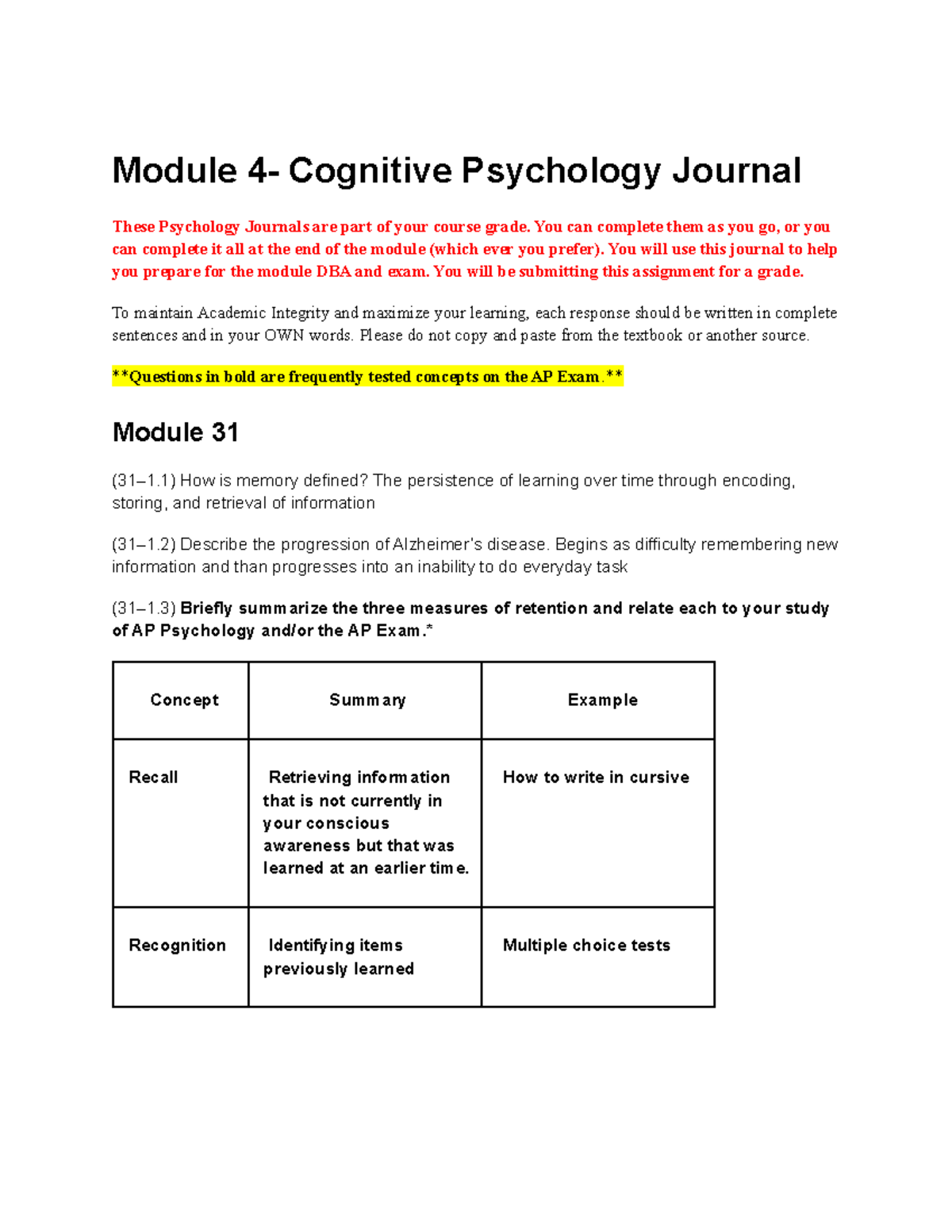 Copy of Module 4 Journal - Module 4- Cognitive Psychology Journal These ...
