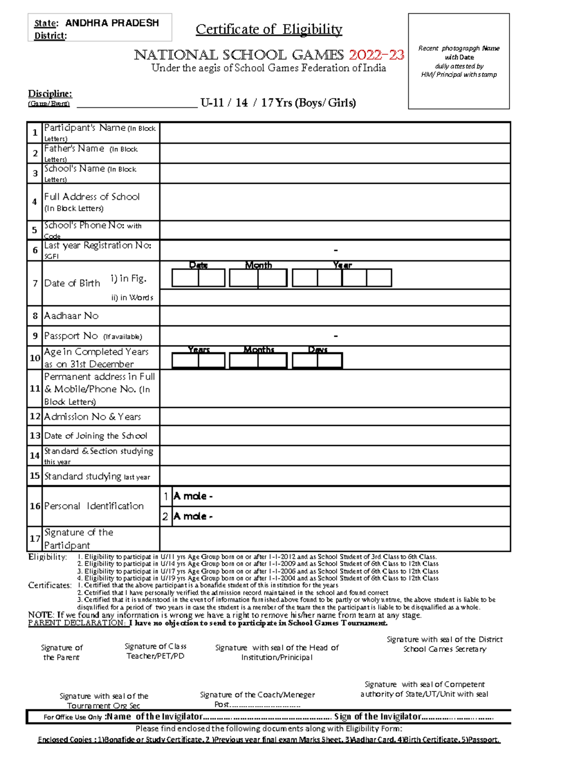 Latest Eligibility form with Bonafide 2022-23 ...
