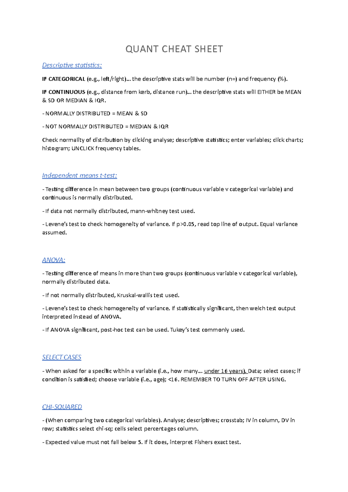 Help sheet - QUANT CHEAT SHEET Descriptive statistics: IF CATEGORICAL ...