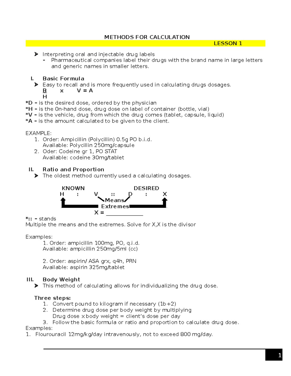 Hand out 1 - notes - METHODS FOR CALCULATION LESSON 1 Interpreting oral ...