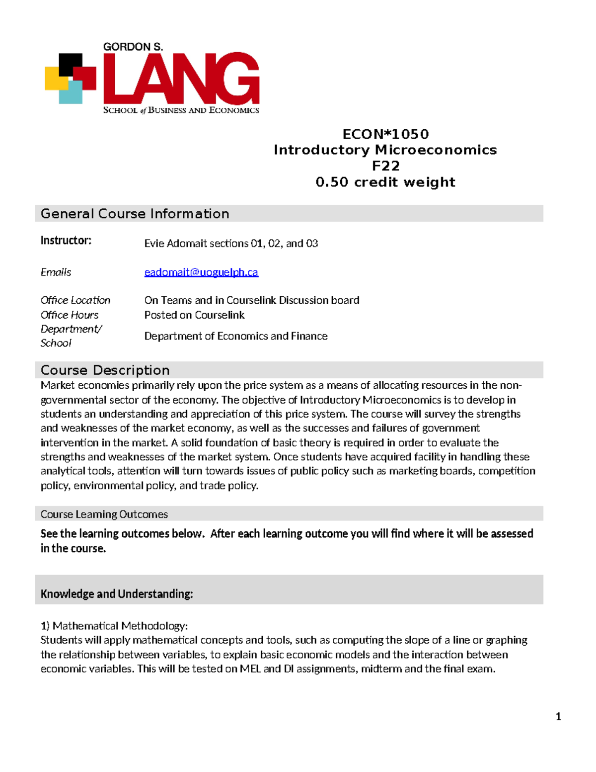 Econ 1050 course outline F22 - ECON* Introductory Microeconomics F 0 ...