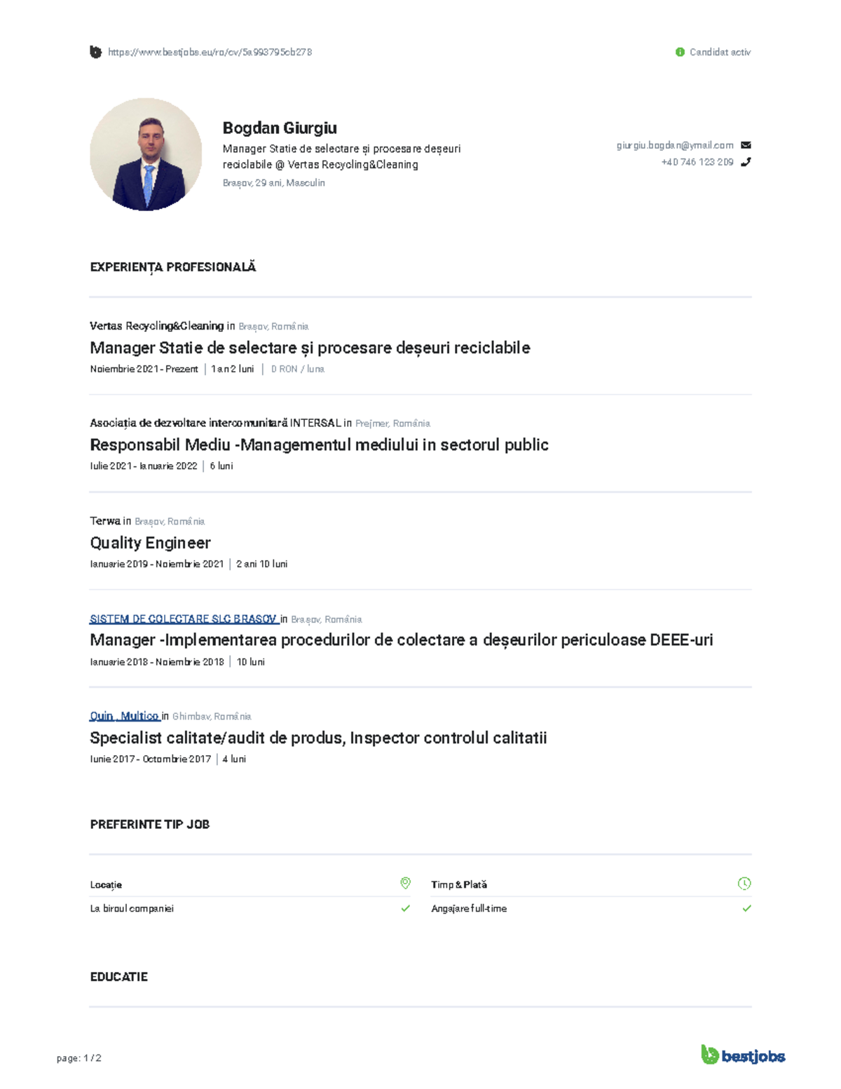 CV bogdan giurgiu - page: 1 / 2 bestjobs/ro/cv/5a993795cb278 Candidat ...