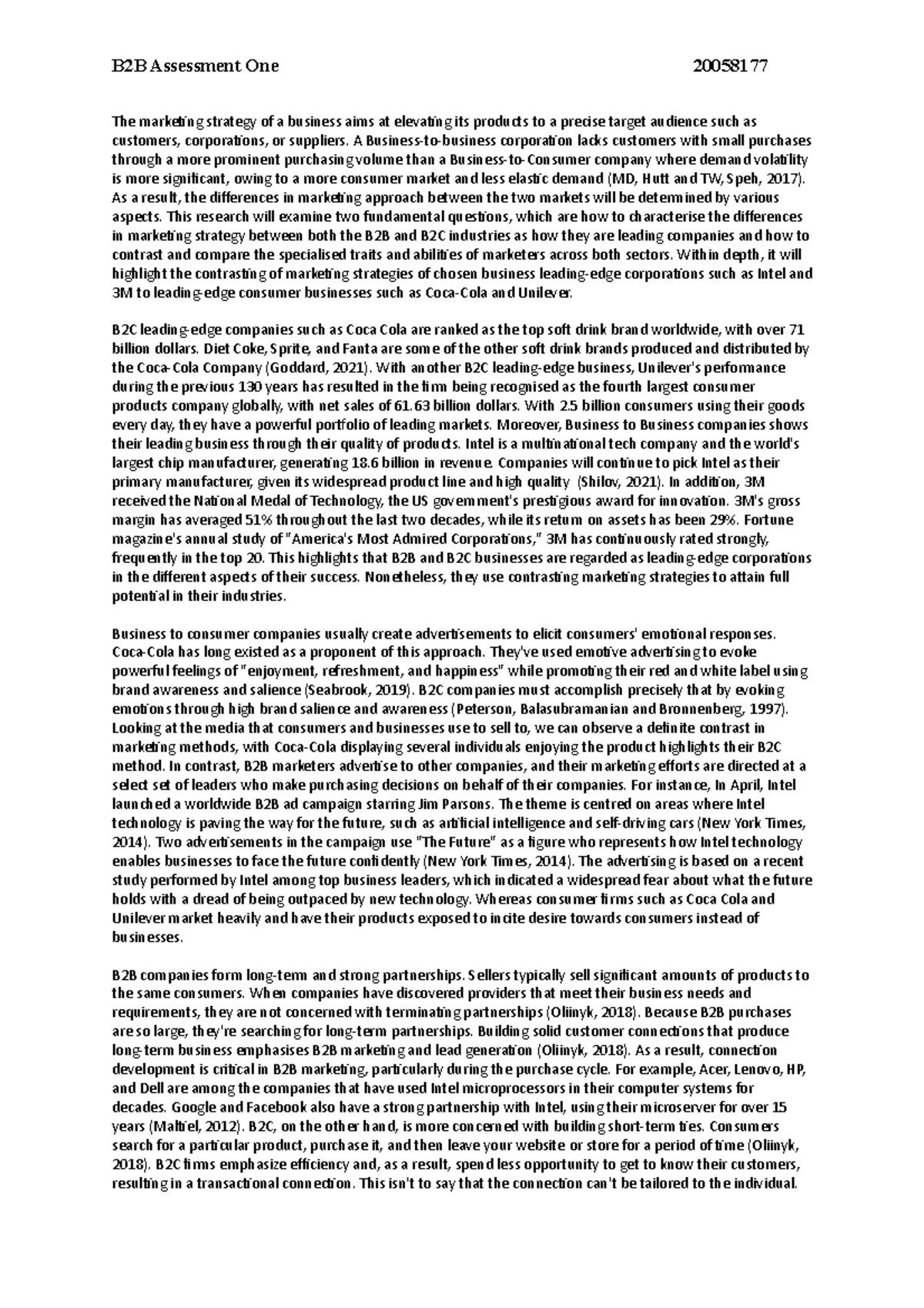 B2B Assignment 1 - b2b - B2B Assessment One 20058177 The marketing ...