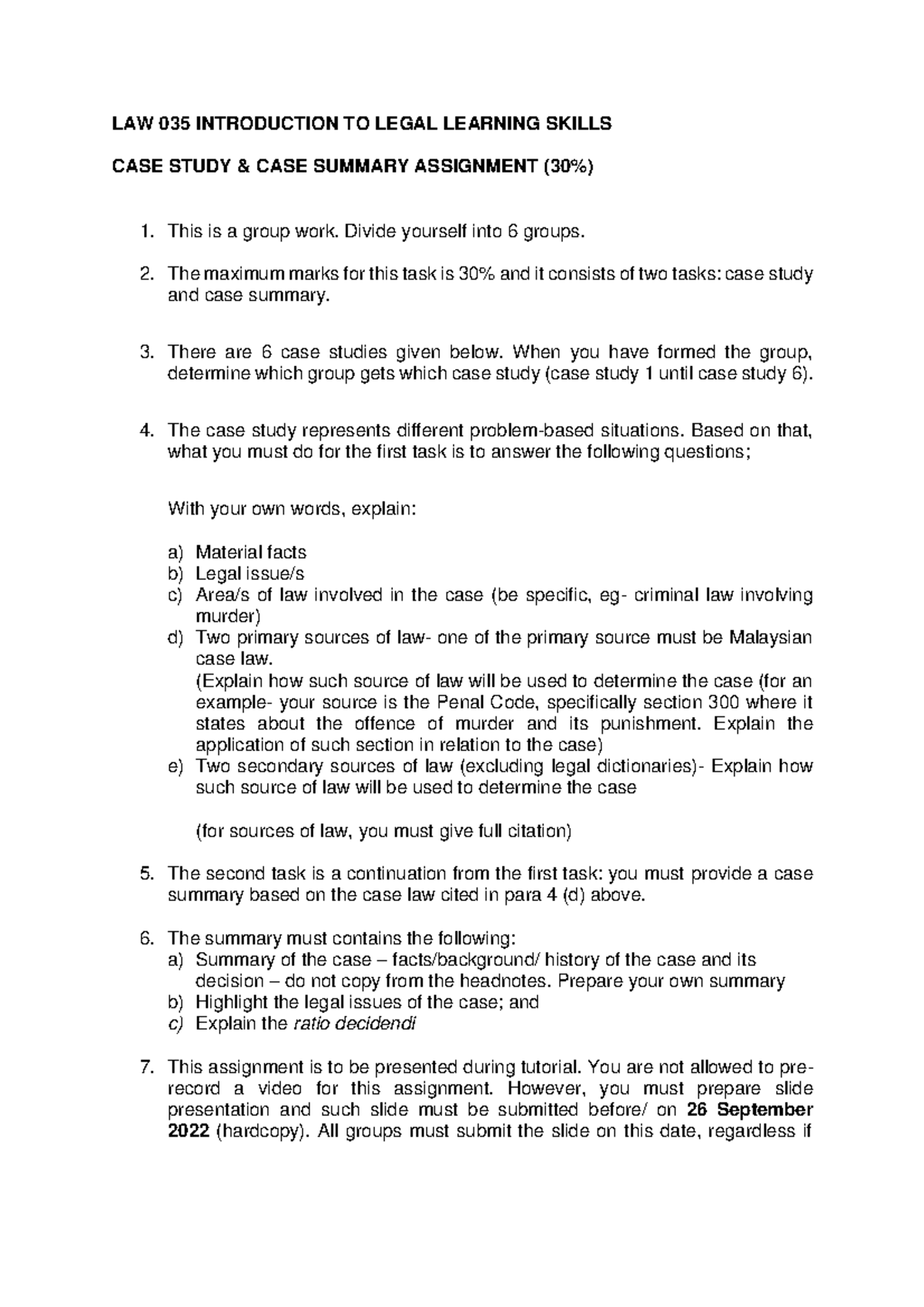 CASE Study AND CASE Summary 1ST Assessment LAW035 AUG-DEC 2022 - LAW ...