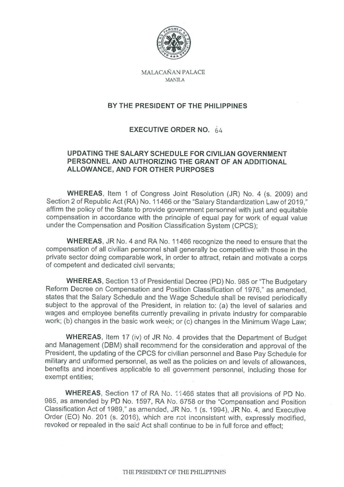EO 64 SSL 2024-2027 - Salary Standardization Law - PANGULO UNIVERSITY ...