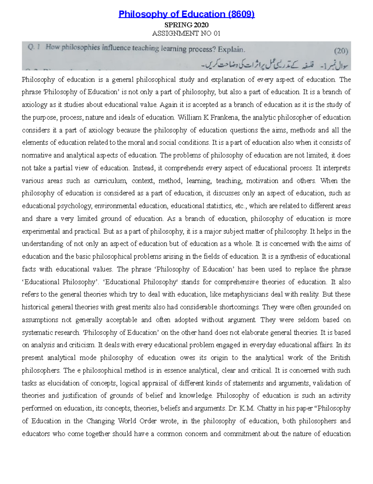 8609-1 - education - SPRING 2020 ASSIGNMENT NO 01 Philosophy of ...
