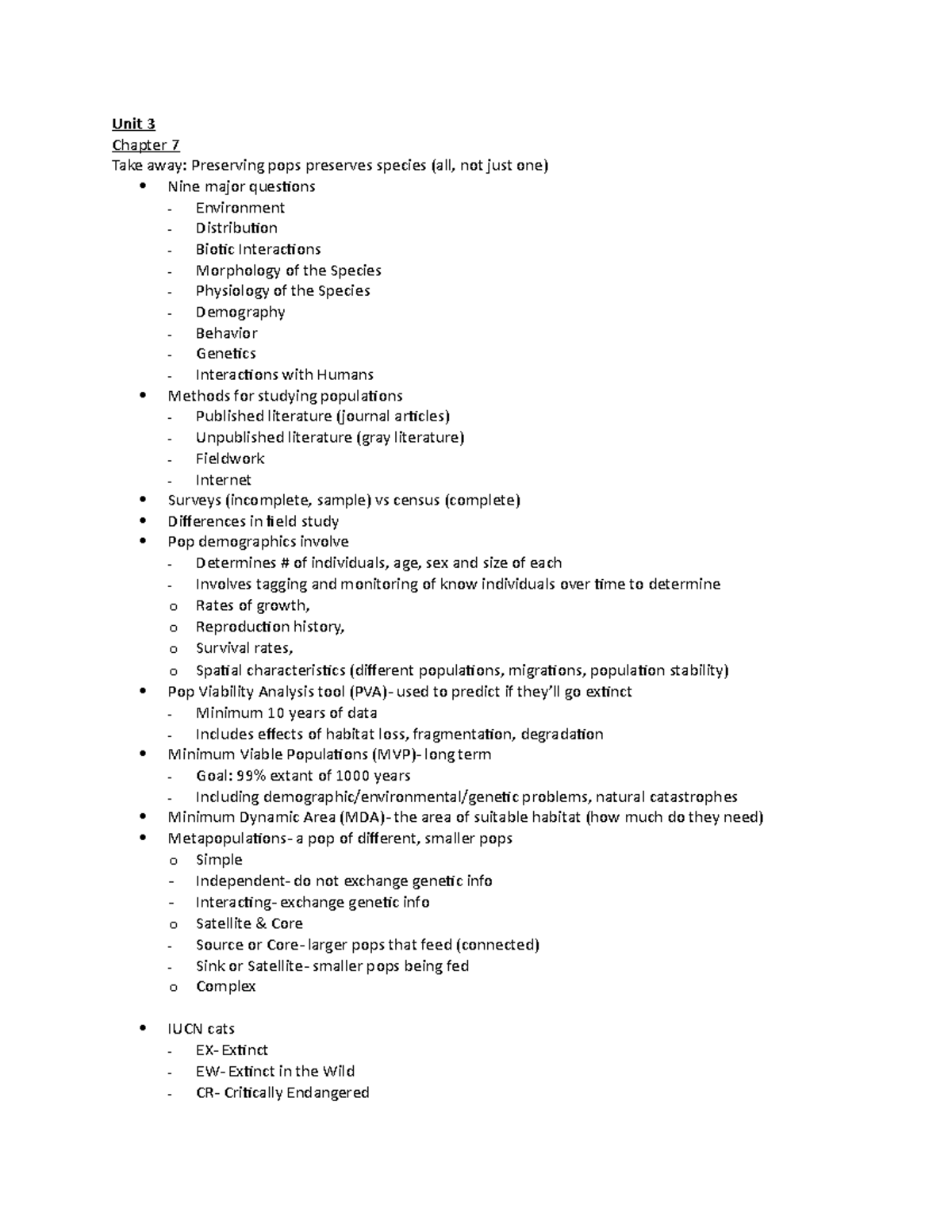 Study Guide Chapters 7, 8, 9 - Unit 3 Chapter 7 Take away: Preserving pops preserves species ...