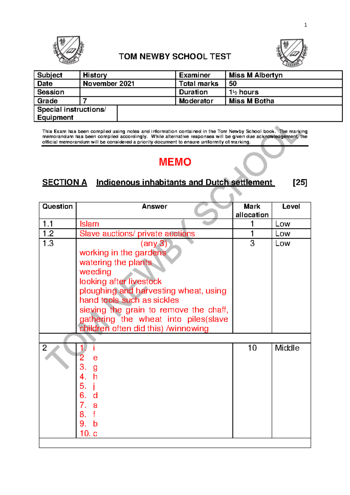 Grade 7 History Memo November 2021 - TOM NEWBY SCHOOL TEST Subject ...