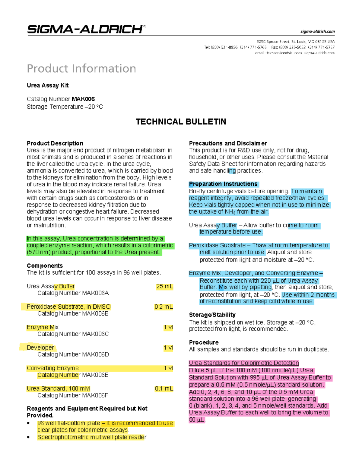 Urea Assay Kit+schema - .............. - Urea Assay Kit Catalog Number ...